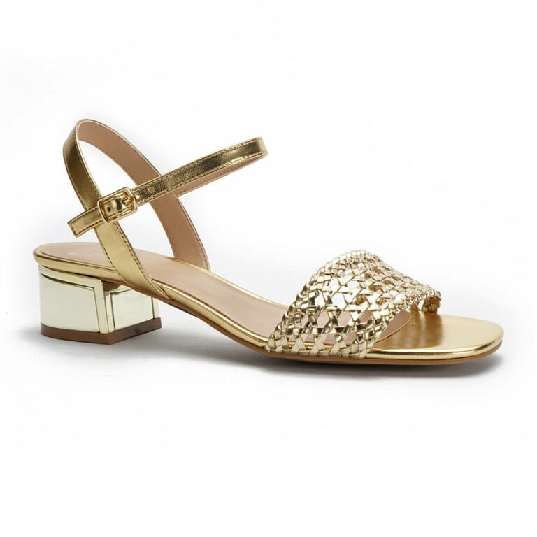 Gold Woven Leather Open-toed Block Heel Dress Sandals